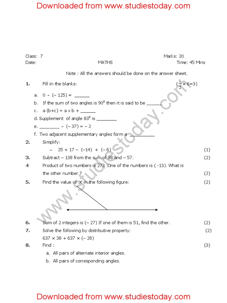 Class 7 Maths Question Paper | PDF | Algebra | Mathematical Concepts