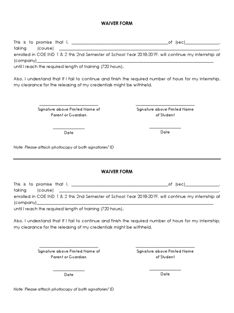 Waiver Form: Signature Above Printed Name of Parent or Guardian ...