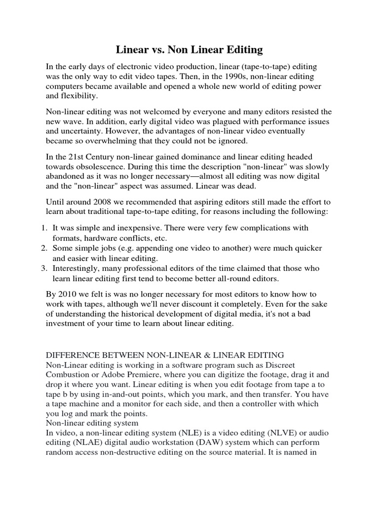 Linear Vs Non Linear Editing | PDF | Media Technology | Information And ...