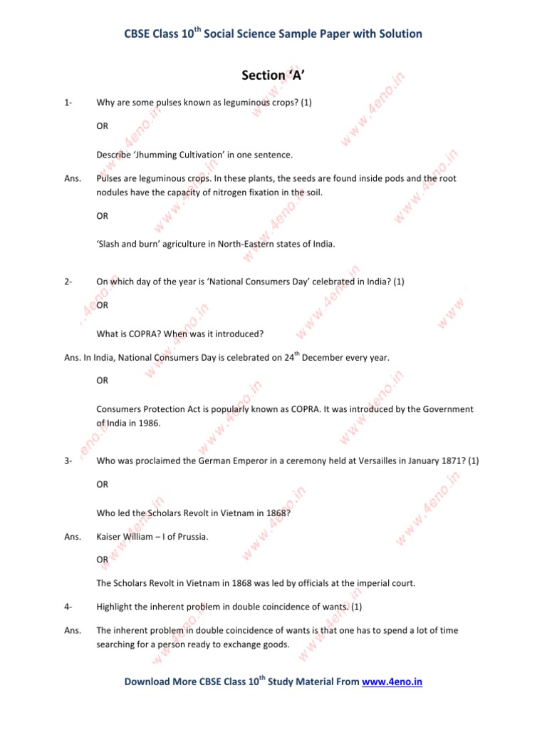 Section A': CBSE Class 10 Social Science Sample Paper With Solution ...
