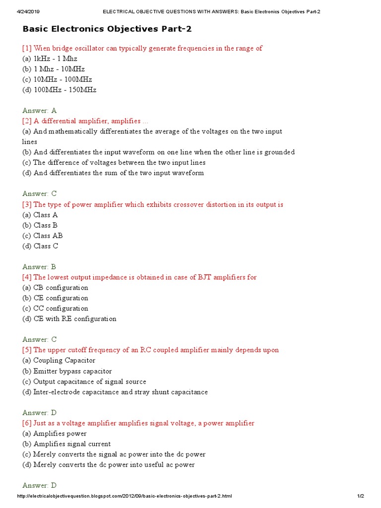 Electrical Objective Questions With Answers Basic Electronics Objectives Part 2 Pdf 