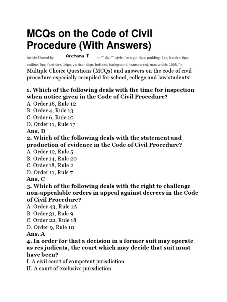 Mcqs On The Code of Civil Procedure (With Answers) | PDF | Lawsuit | Judiciaries