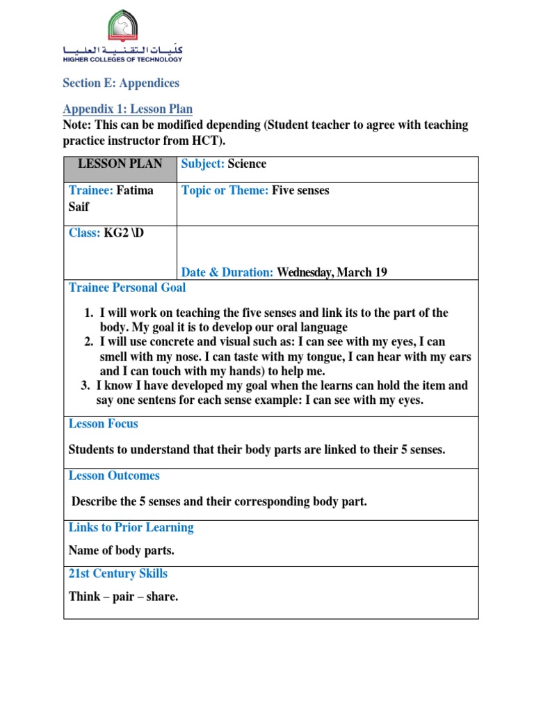 Lesson Plan 1 Five Senses With Reflection | PDF | Senses | Lesson Plan