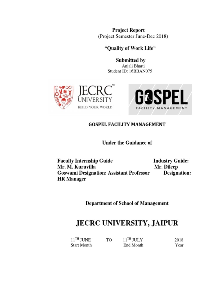 Quality of Work Life Project Report for Gospel Facility Management ...