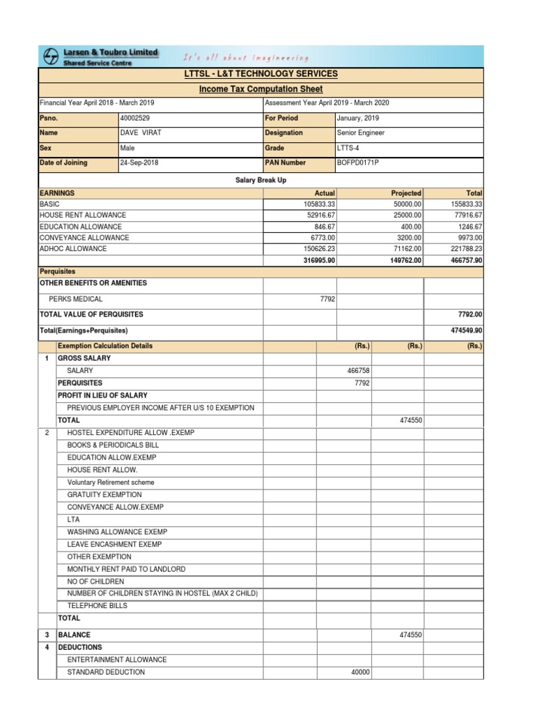 LTTSL - L&T Technology Services Income Tax Computation Sheet | PDF ...