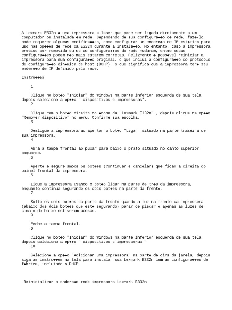 Redefinir endereço de rede impressora Lexmark E332n | PDF | Impressora ...