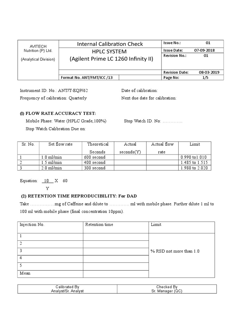 Internal Calibration Check HPLC System (Agilent Prime LC 1260 Infinity ...