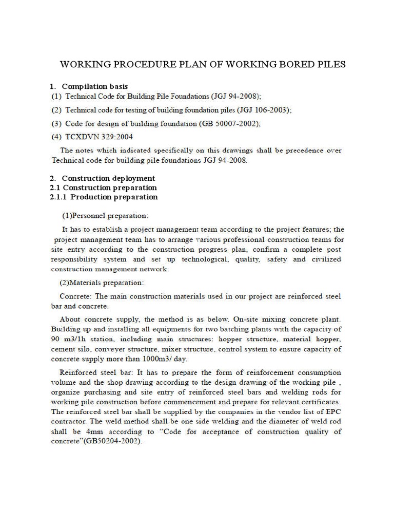 Working Procedure Plan of Working Bored Piles: 1. Compilation Basis ...