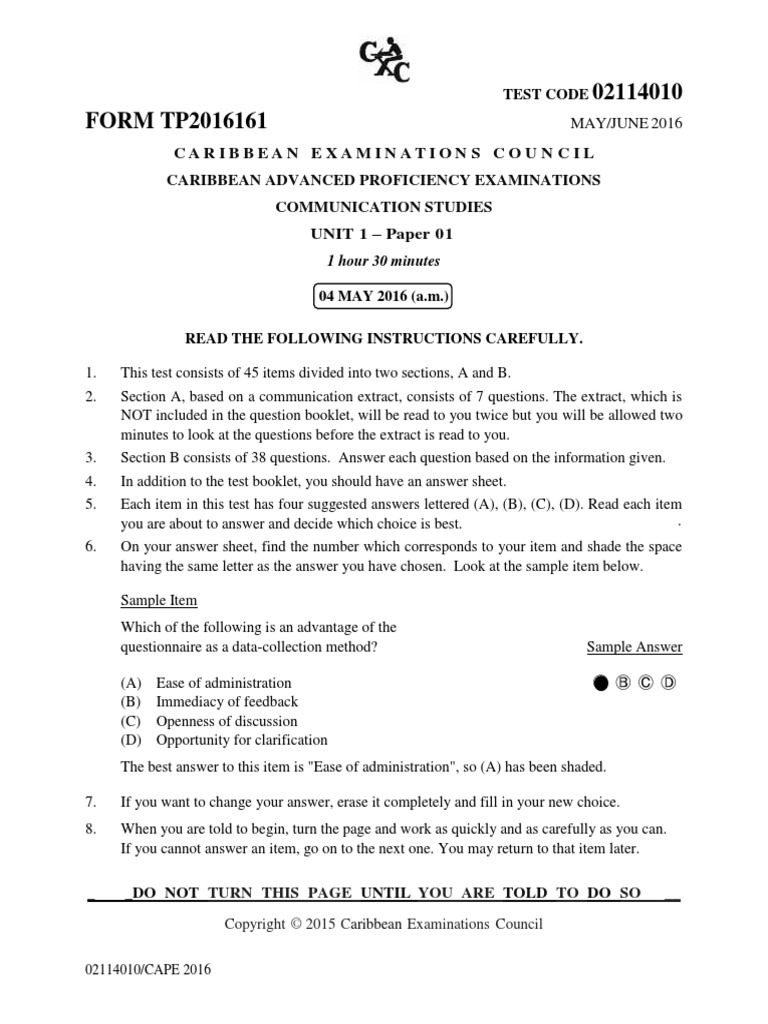 CAPE Communication Studies 2016 P1 | PDF | Essays | Nonverbal Communication