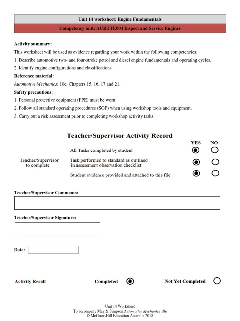 Unit 14 Worksheet: Engine Fundamentals Competency Unit: AURTTE004 ...