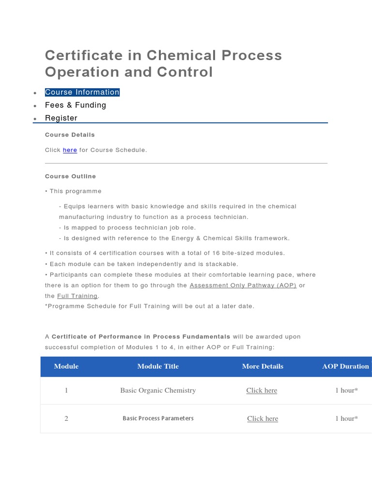 Certificate in Chemical Process Operation and Control | PDF ...