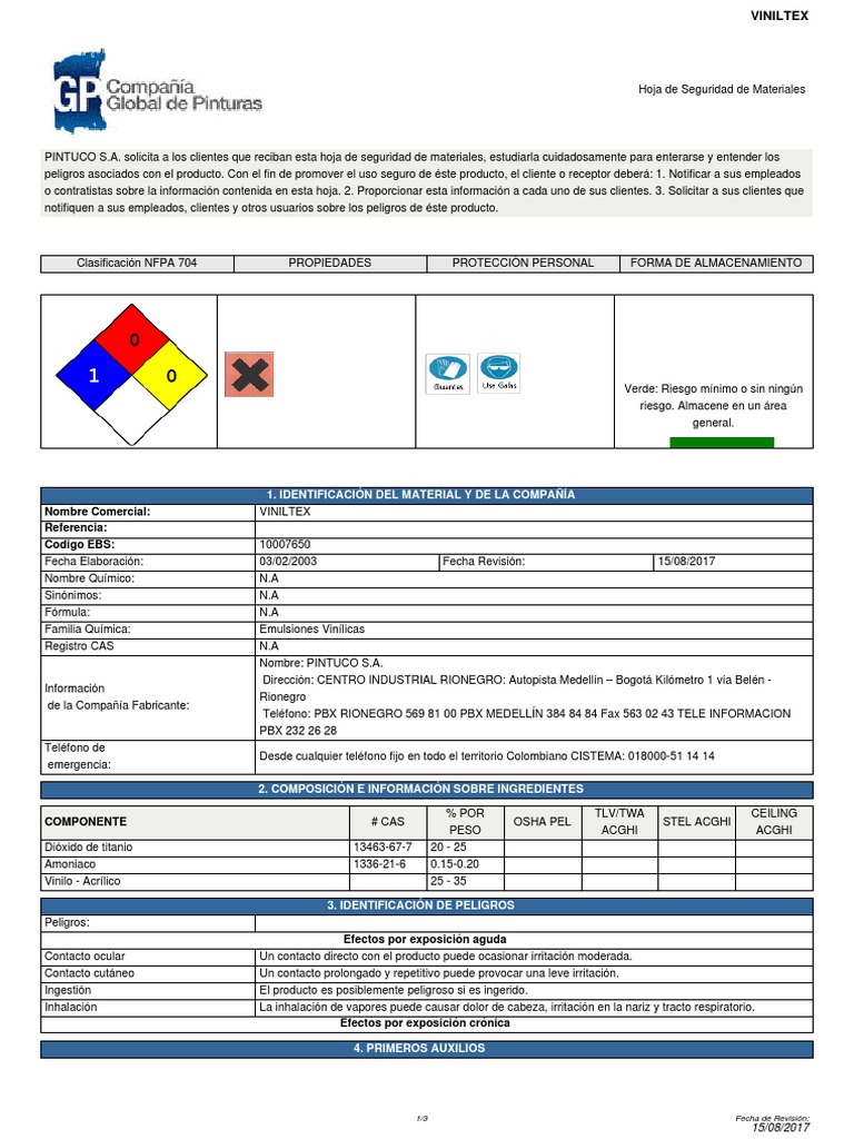 Hoja de Seguridad VINILTEX | Administración de Seguridad y Salud Ocupacional | Carcinógeno