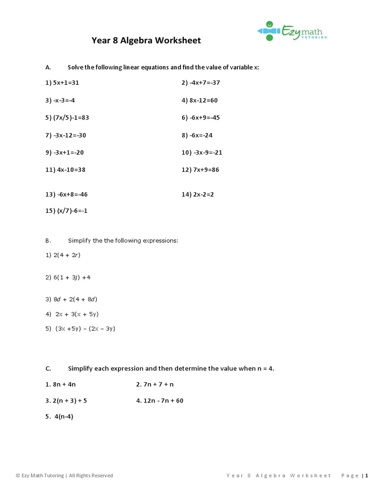 Year 8 Algebra Worksheet PDF | PDF