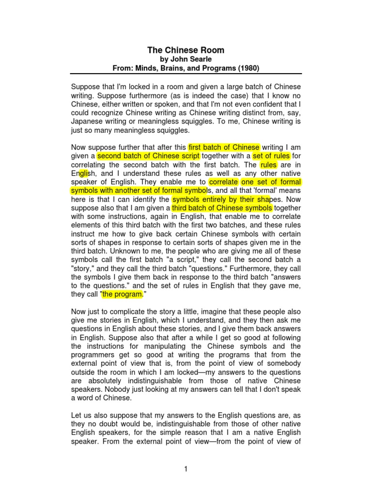 The Chinese Room: by John Searle From: Minds, Brains, and Programs ...