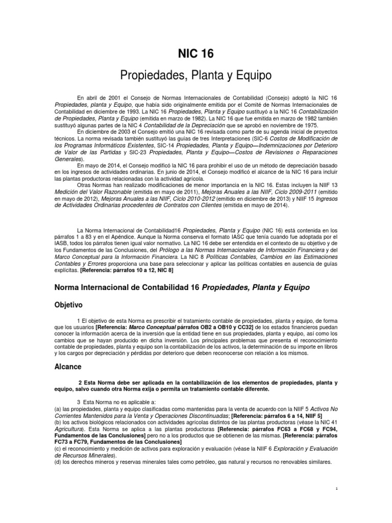 NIC 16: Contabilidad de Propiedades y Equipos | PDF | normas internacionales de INFORMACION ...
