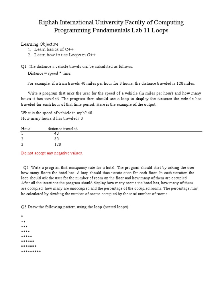 Riphah International University Faculty of Computing Programming Fundamentals Lab 11 Loops | PDF