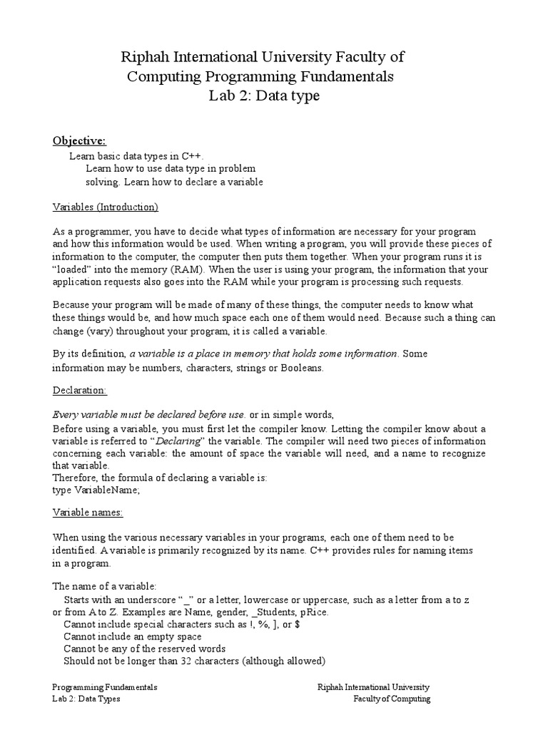 Riphah International University Faculty of Computing Programming Fundamentals Lab 2: Data Type ...