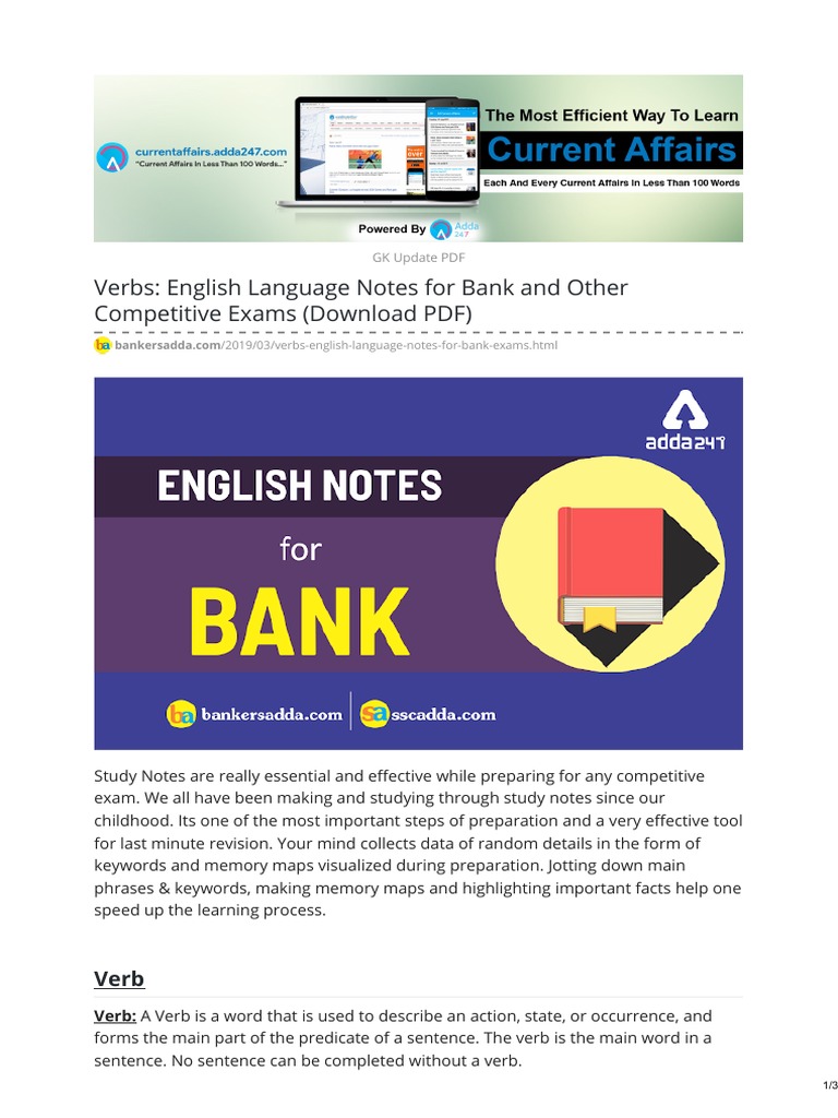 Verbs English Language Notes For Bank and Other Competitive Exams ...