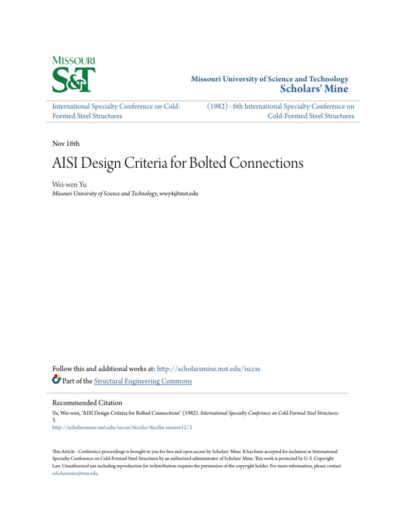 AISI Design Criteria For Bolted Connections PDF | PDF | Screw ...