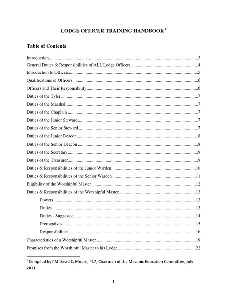 Lodge Officer Training Handbook | PDF | Masonic Lodge | Freemasonry