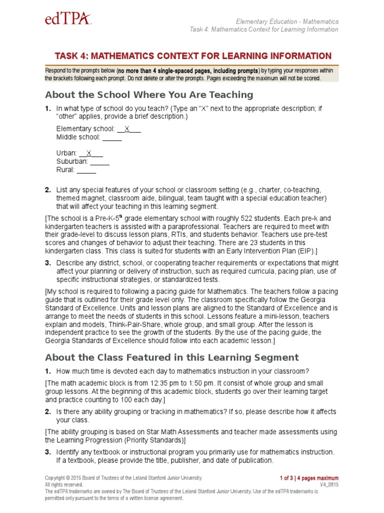 Task 4: Mathematics Context For Learning Information: About The School ...