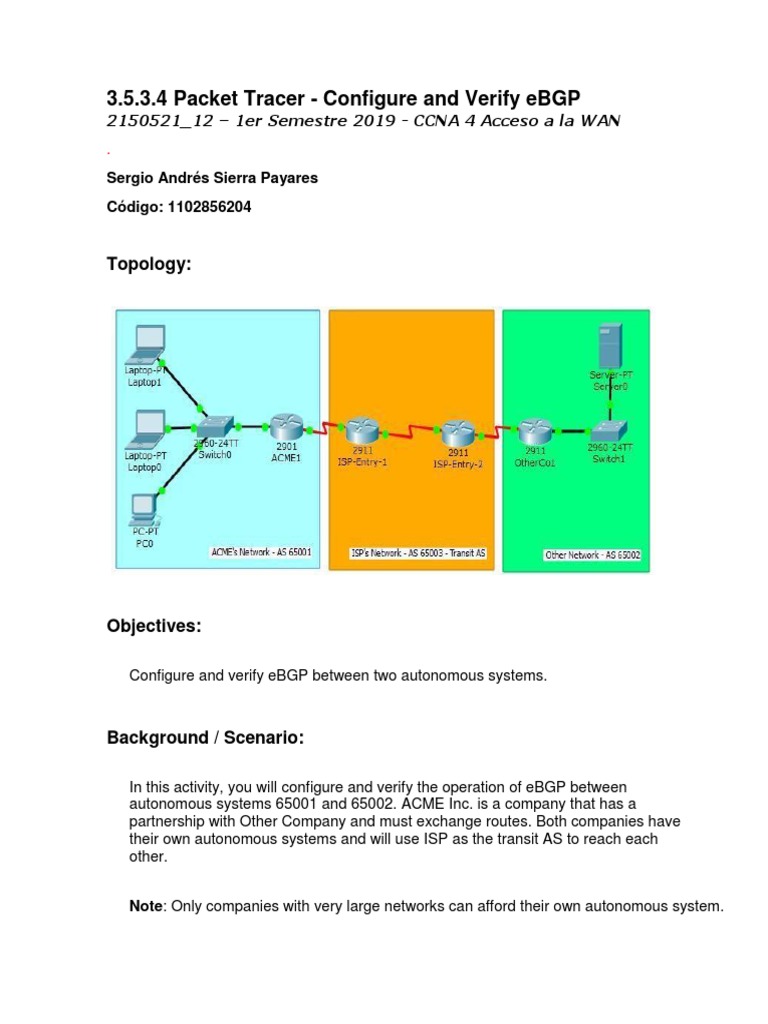 3.5.3.4 Packet Tracer - Configure and Verify EBGP - ILM | Download Free PDF | Router (Computing ...