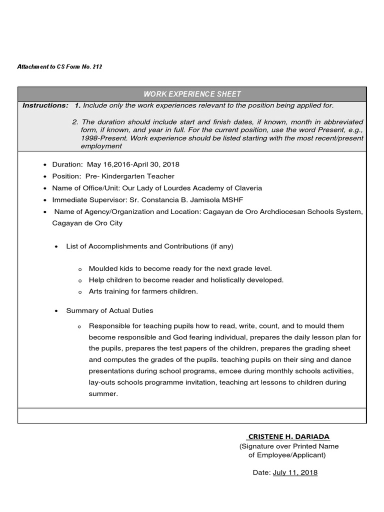 Work Experience Sheet: Instructions: 1. Include Only The Work ...