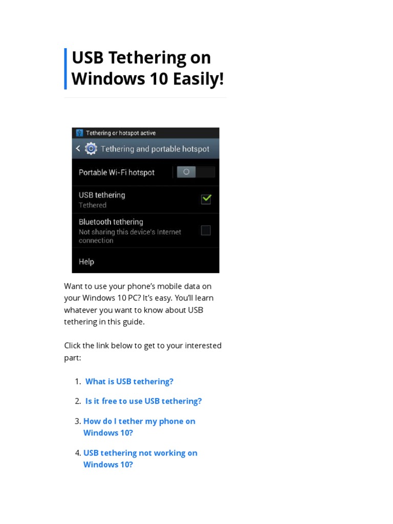 USB Tethering Guide for Windows 10 | PDF | Windows 10 | Usb