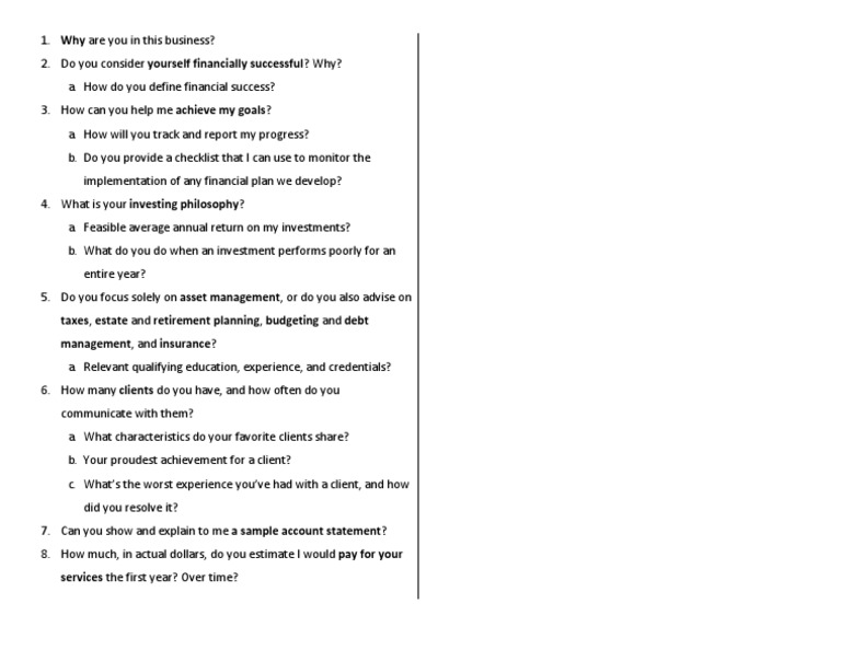 Financial Advisor - Questions To Ask | PDF