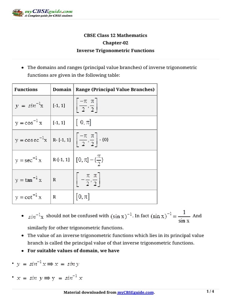 12 Maths Key Notes CH 02 Inverse Trigonometric Functions | PDF ...