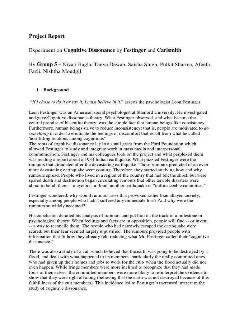Festinger's Cognitive Dissonance Study | PDF | Experiment | Attitude ...