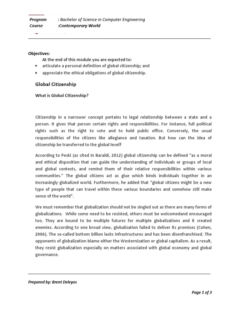 Global Citizenship: at The End of This Module You Are Expected To | PDF ...