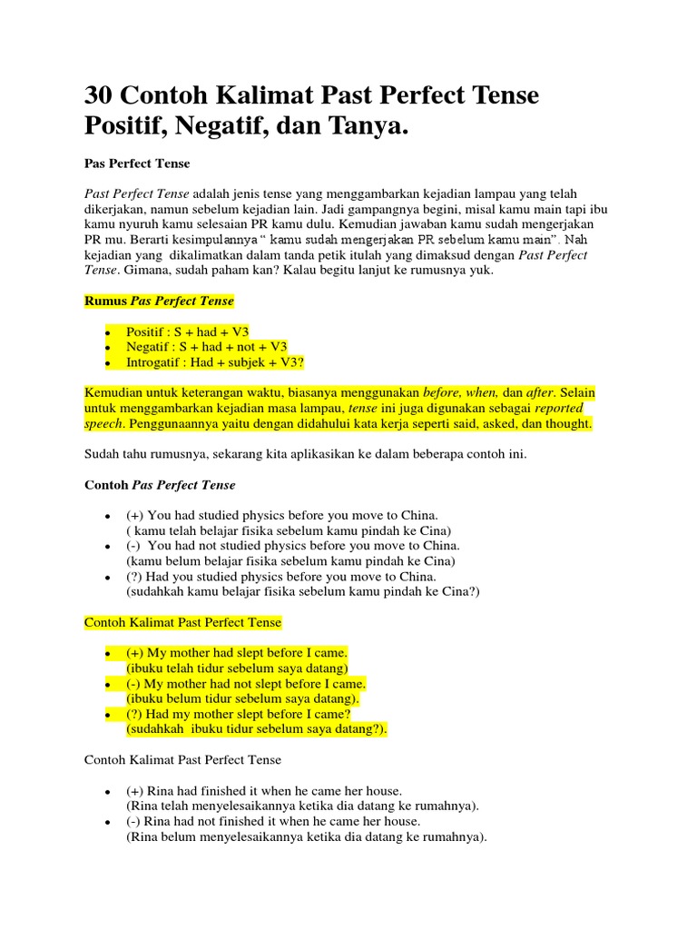 30 Contoh Kalimat Past Perfect Tense | PDF