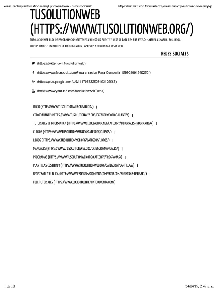Crear Backup Automatico Mysql Phpmyadmin - Tusolutionweb | PDF | Mi sql | Php