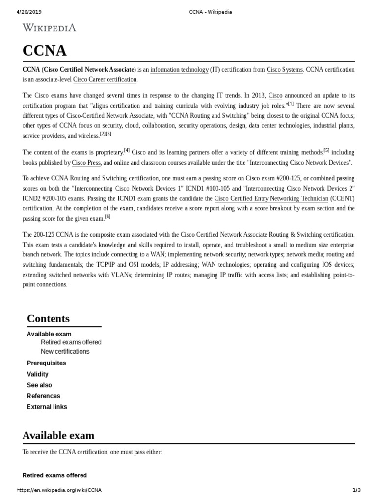 CCNA - Wikipedia | PDF | Cisco Certifications | Computer Networking