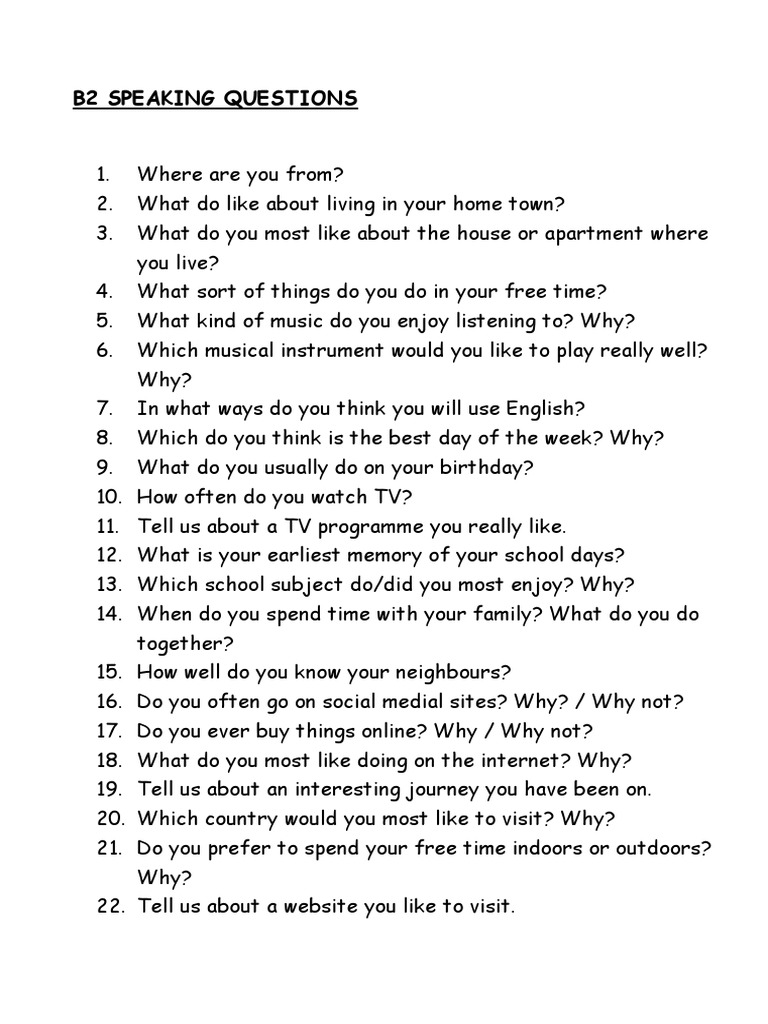 Speaking Questions B2 | PDF | Communication