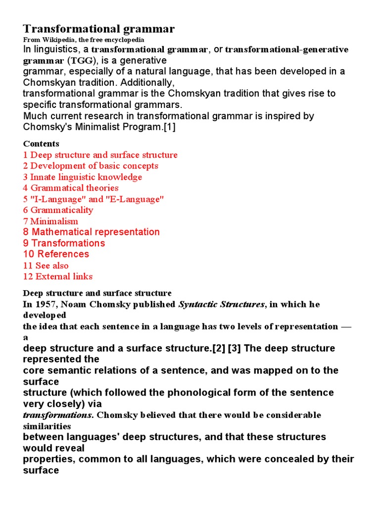Transformational Grammar: Transformations. Chomsky Believed That There ...