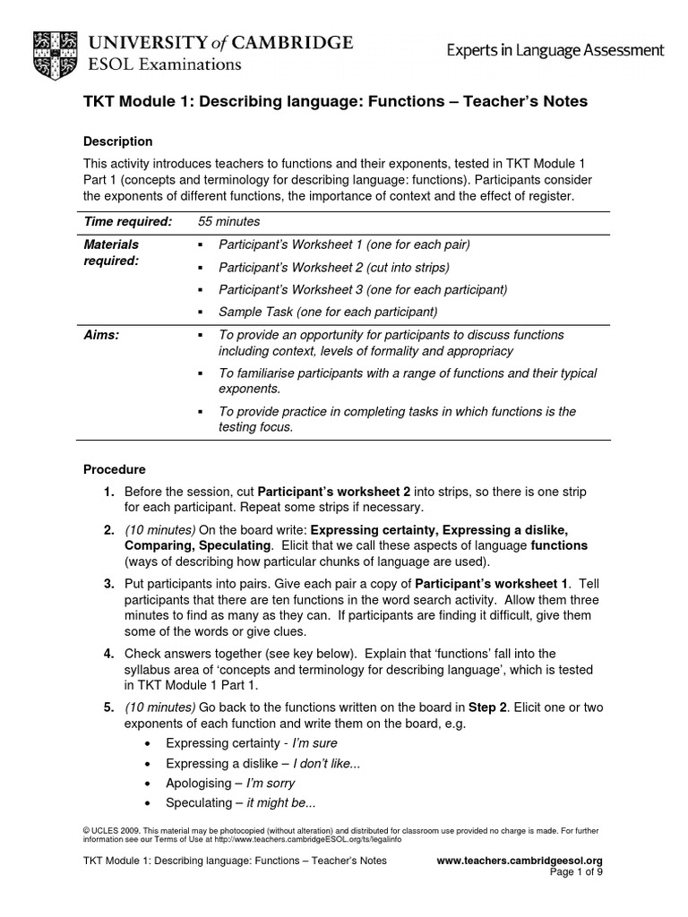 TKT Module 1: Describing Language: Functions - Teacher's Notes | PDF ...