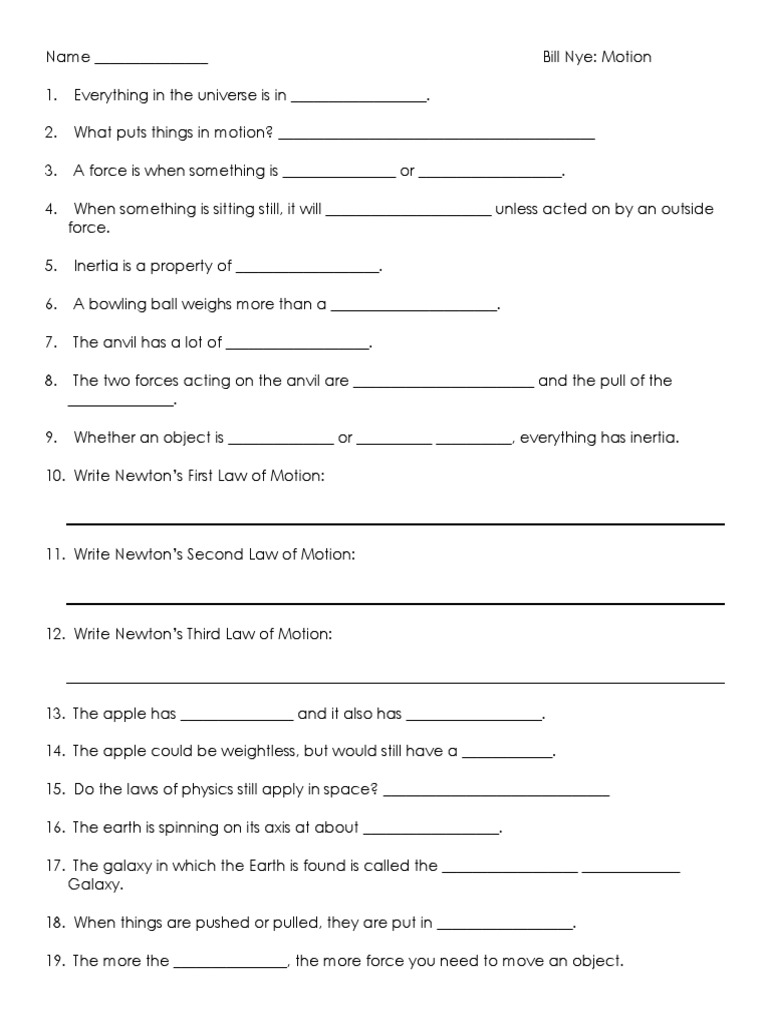 Bill Nye - Motion Recording Sheet2 | PDF | Inertia | Force