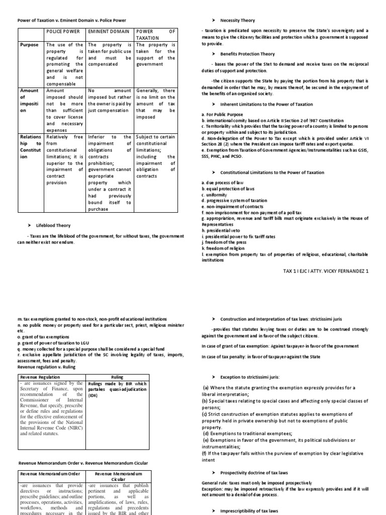 Purpose: Power of Taxation v. Eminent Domain v. Police Power | PDF ...