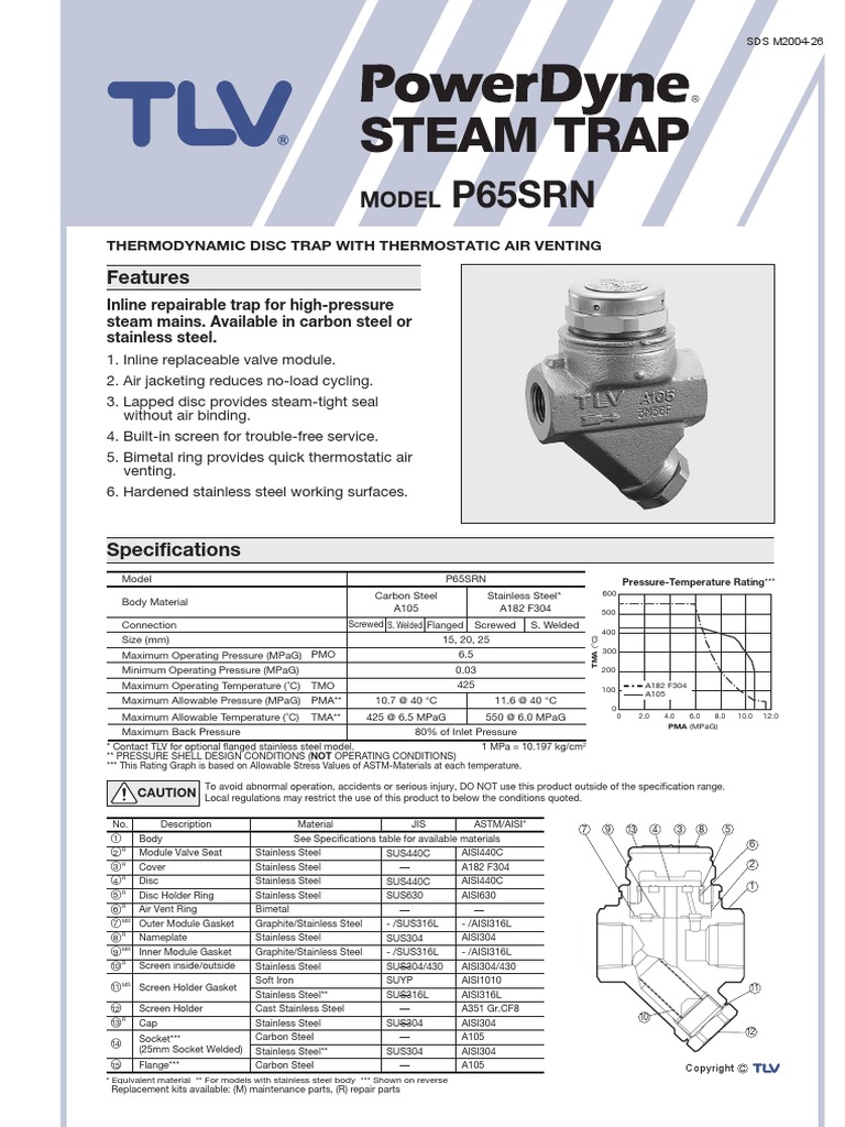 steam trap datasheet tlv type P65SRN | Steel | Valve