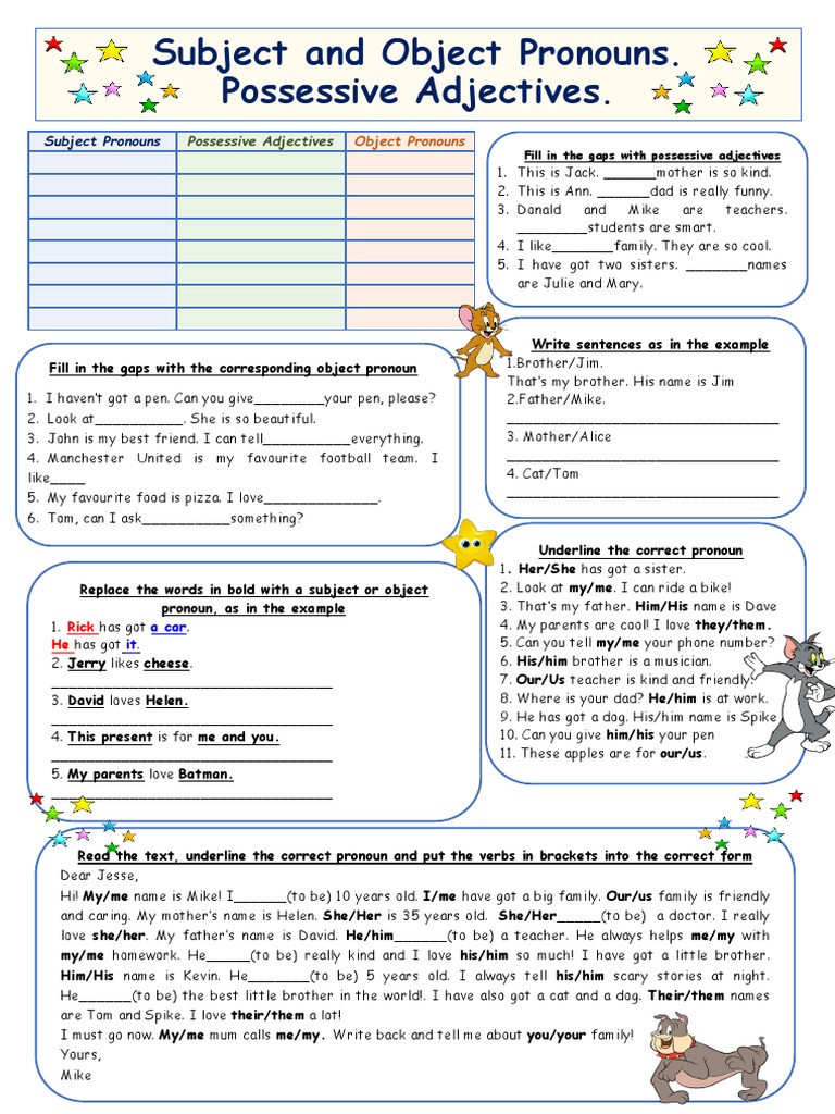 Subject and Object Pronouns Possessive Adjectives PDF | PDF | Pronoun ...