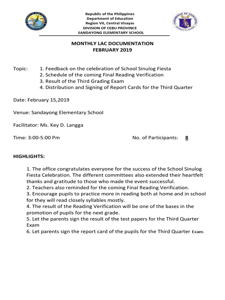 Monthly Lac Documentation February 2019 | PDF | Educational Organizations | Educational Institutions