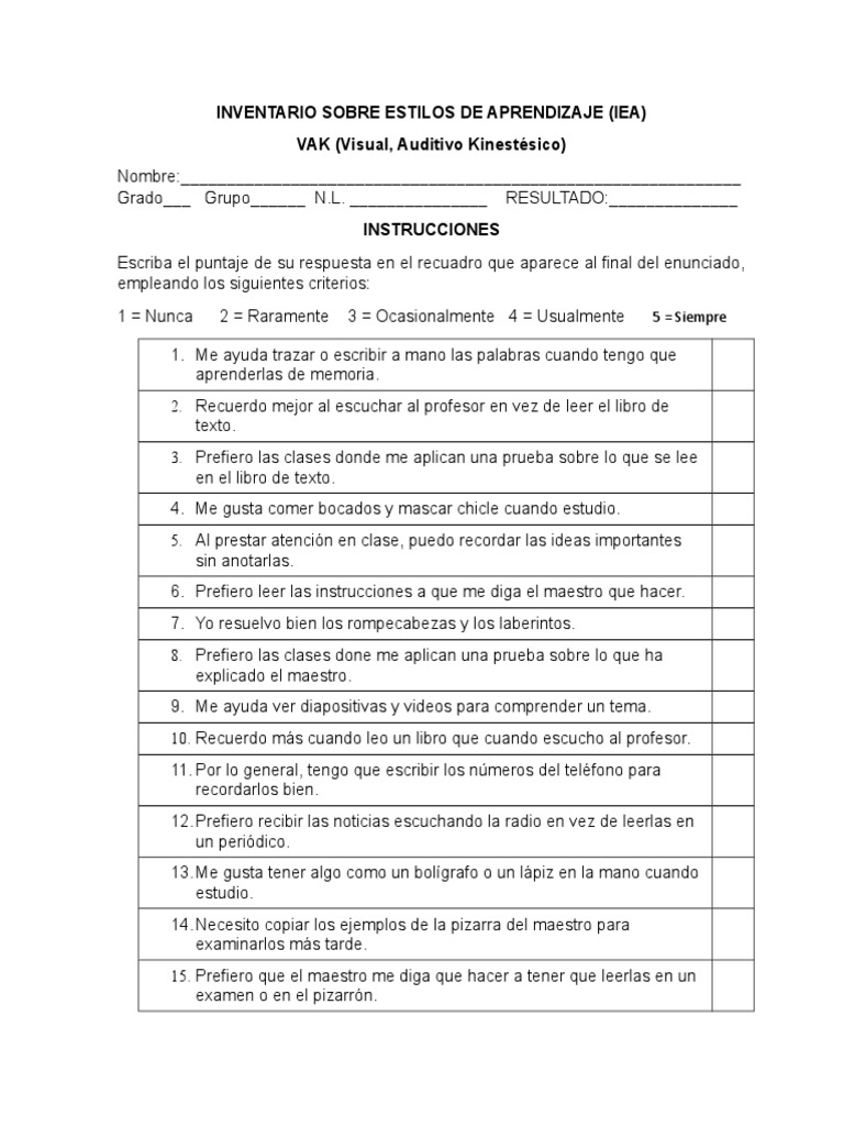 Test Vak | PDF | Aprendiendo estilos | Evaluación neuropsicológica