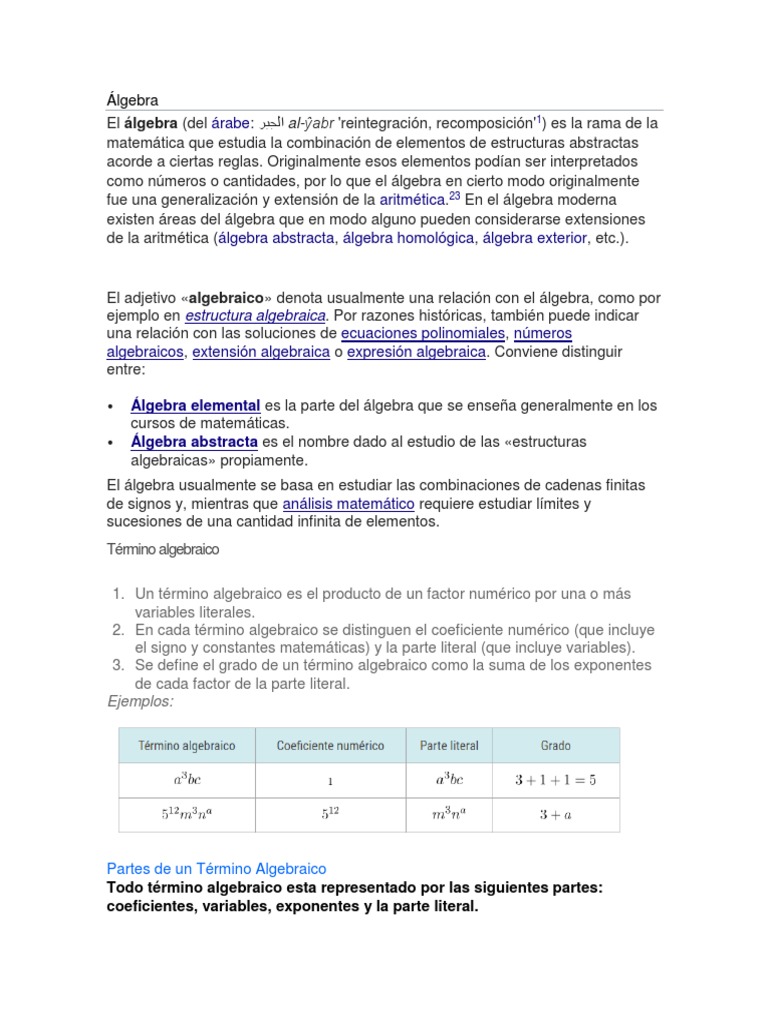 Álgebra, Termino Algebraico y Partes de Un Termino Algebraico ...
