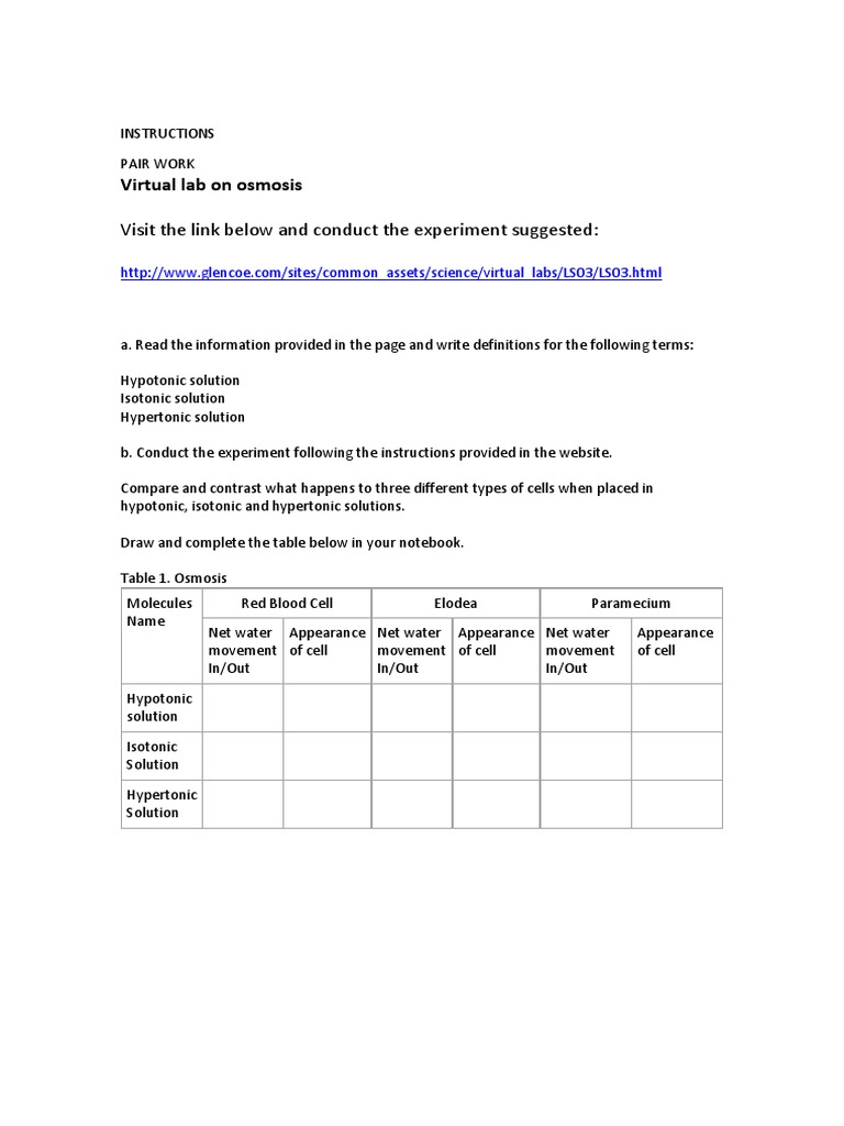 Osmosis Virtual Lab Instructions | PDF | Osmosis | Cell Biology