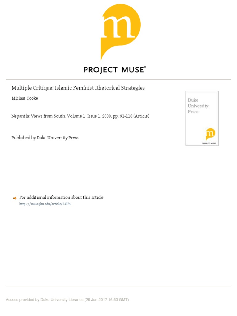 Multiple Critique: Islamic Feminist Rhetorical Strategies | PDF | Hijab | Feminism