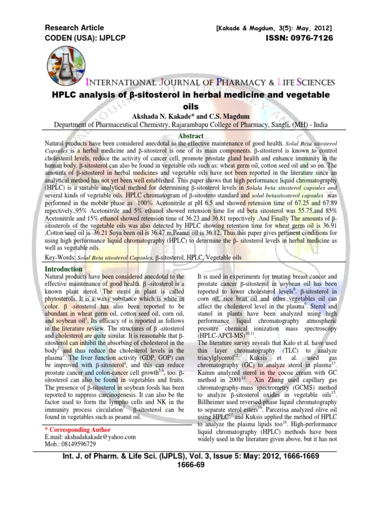 Beta Sitosterol PDF | PDF | High Performance Liquid Chromatography ...