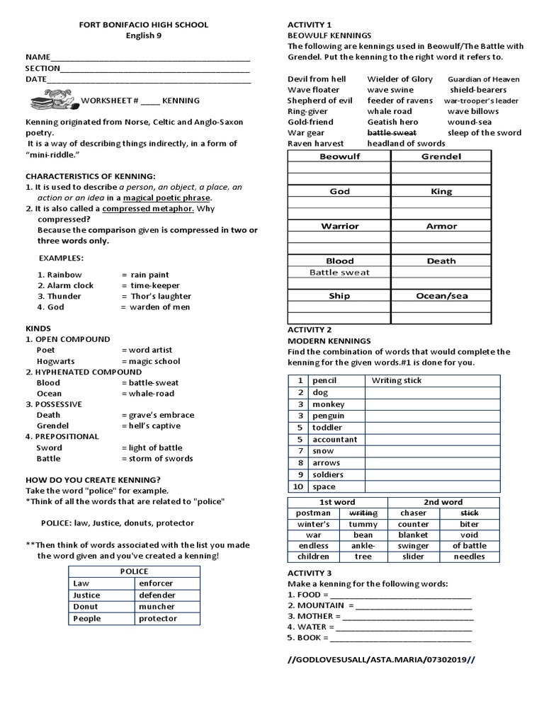 Kenning Worksheet | PDF | Beowulf