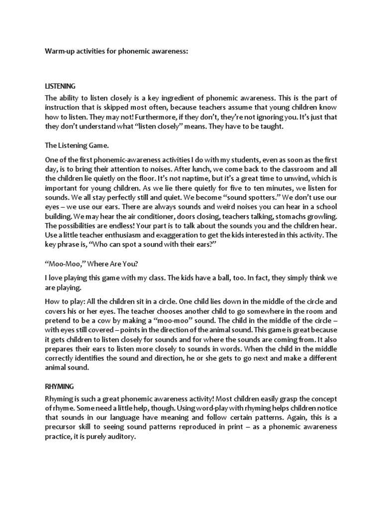 Activities For Phonemic Awareness | PDF | Syllable | Rhyme